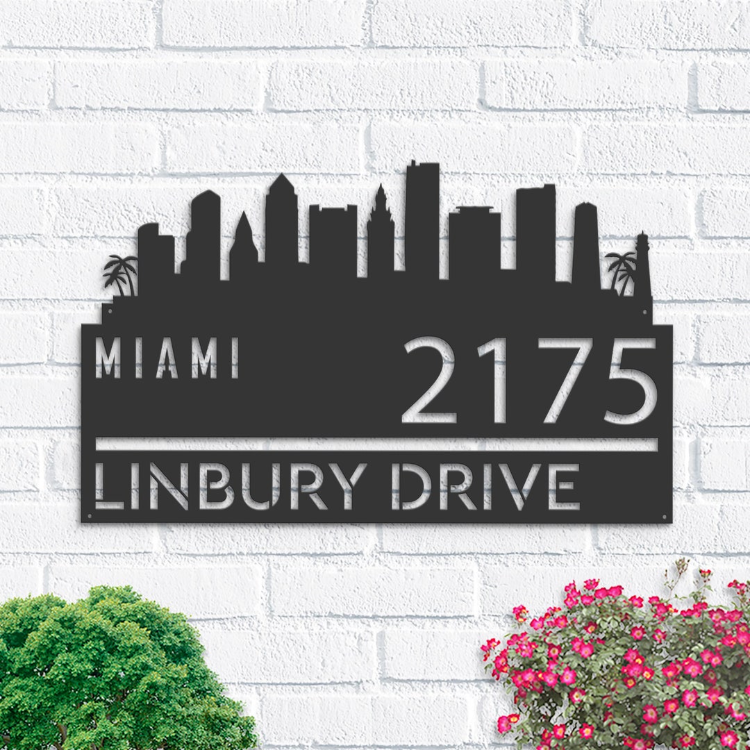 Personalized Miami City Skyline Metal Address Sign Hanging Address ...