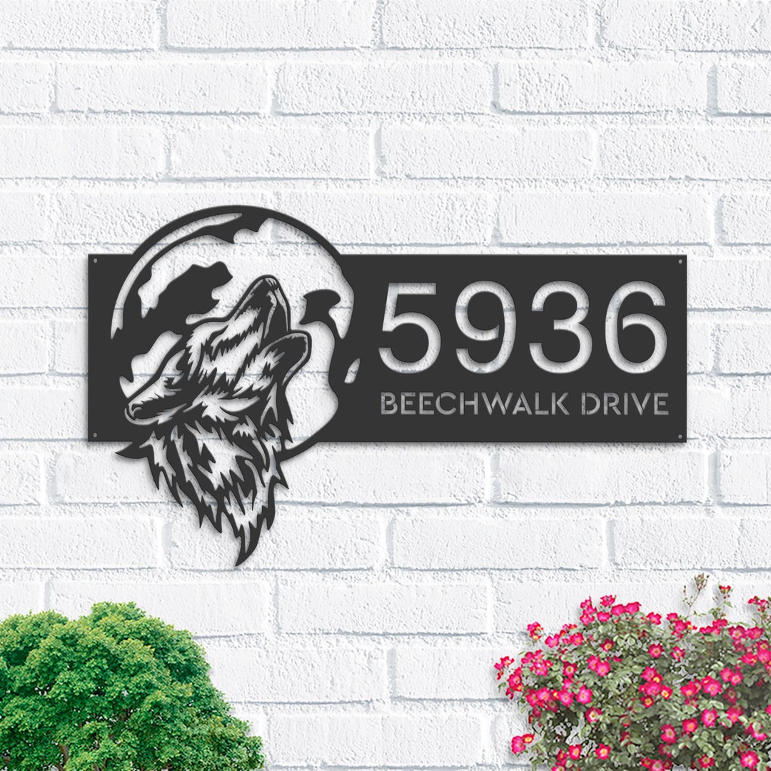 Personalized Wolf Howling on Full Moon Metal Address Sign House Number ...