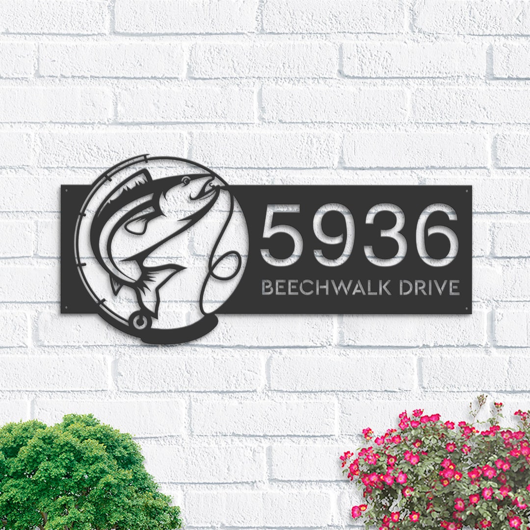 Personalized Fish Fishing Rod Metal Address Sign Custom House Number ...