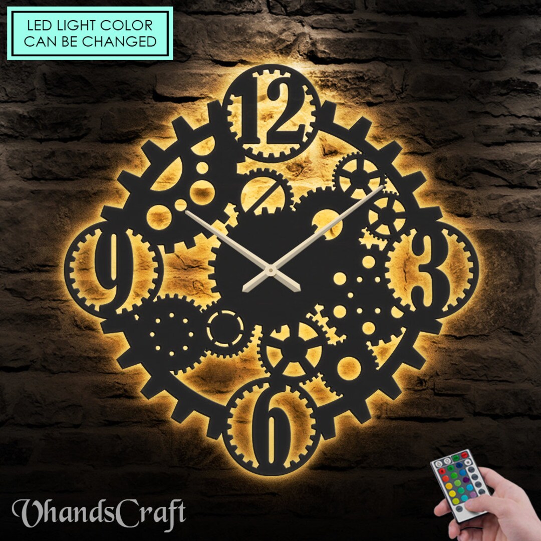 Black Large Gears Metal Wall Clock LED Lights, Modern Silent Wall Clock ...