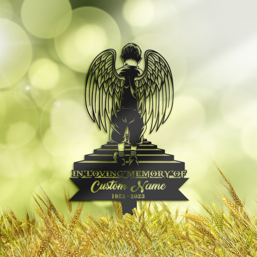 Personalized Sad Boy Angel Wings Memorial Stake, Metal Stake, Sympathy ...