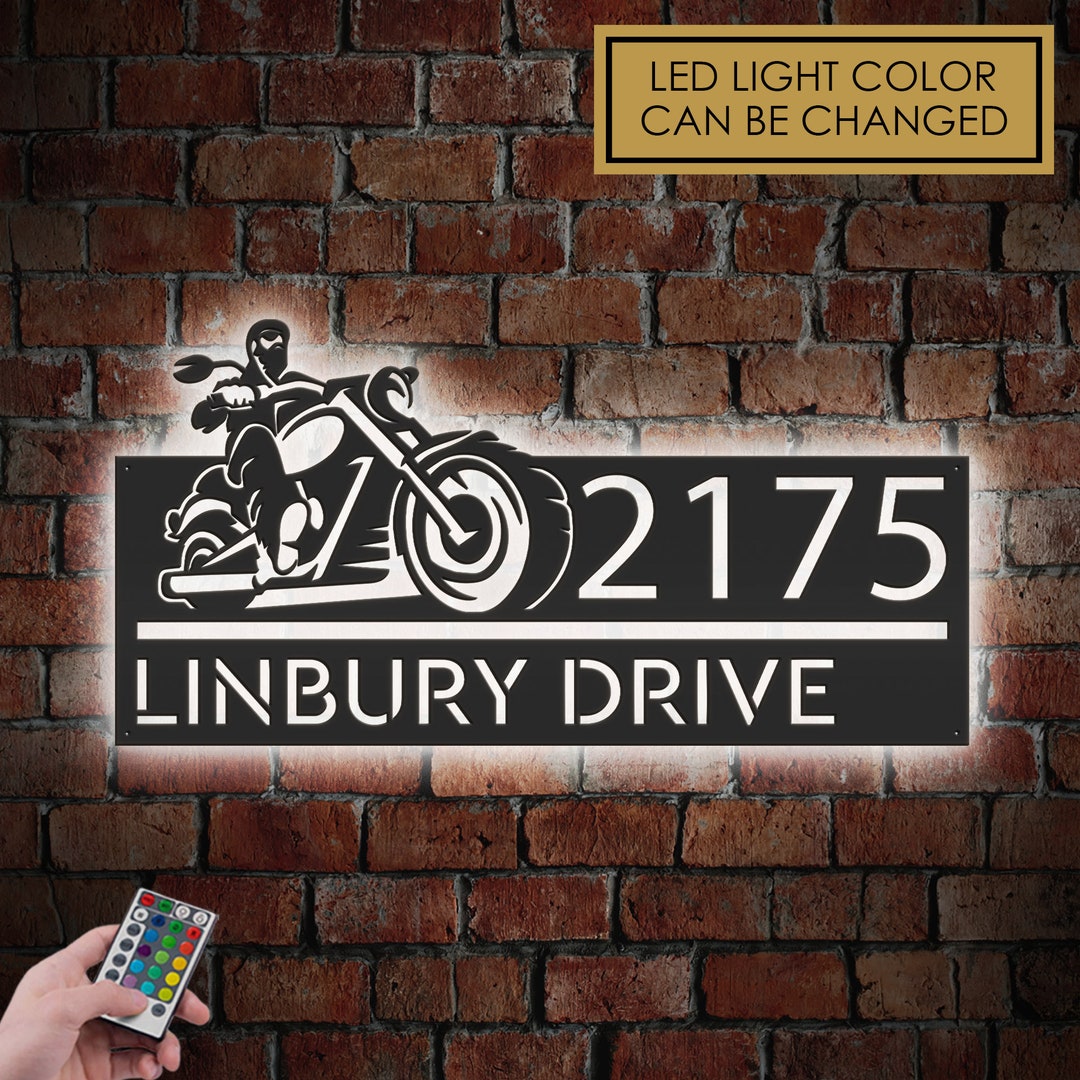 Personalized Biker Motorcycle Rider Metal Address Sign With LED Lights ...