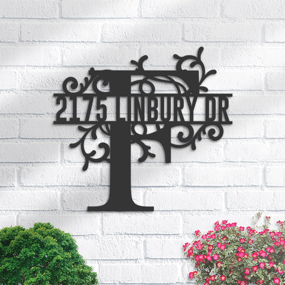 Personalized Floral Monogram Split Letter F Metal Address Sign House ...