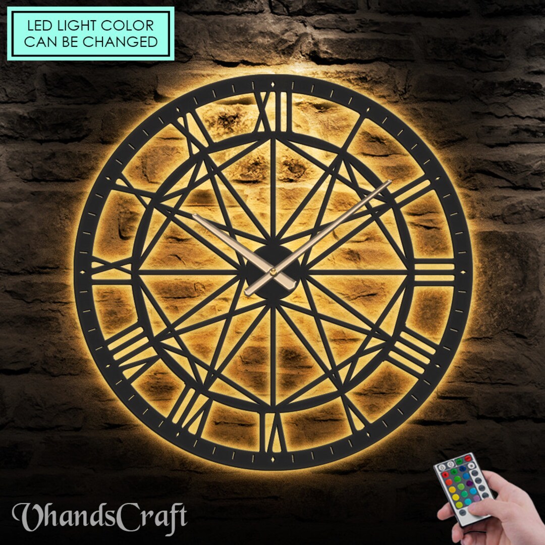 Black Large Roman Numbers Metal Wall Clock LED Lights, Modern Silent ...