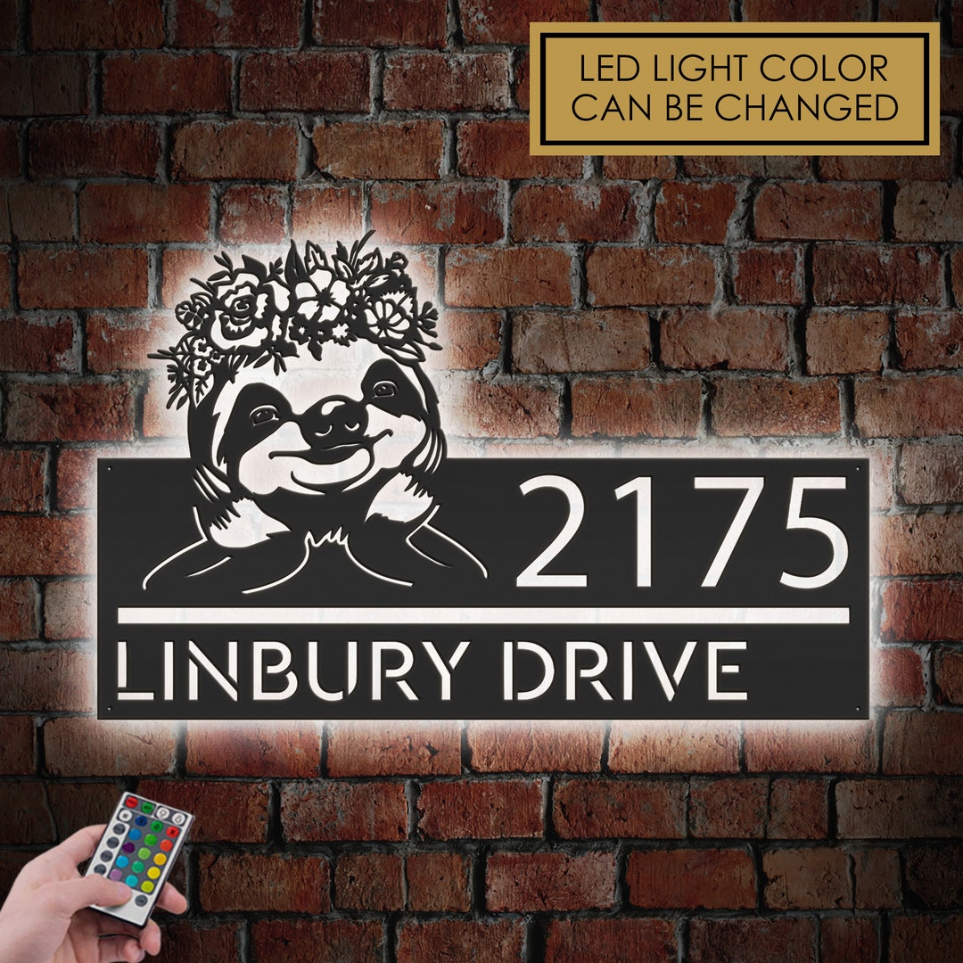 Personalized Cute Peeking Sloth Metal Address Sign With LED Lights ...