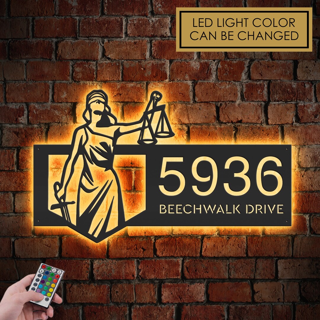 Personalized Lady Justice Themis Lawyer Metal Address Sign With LED ...