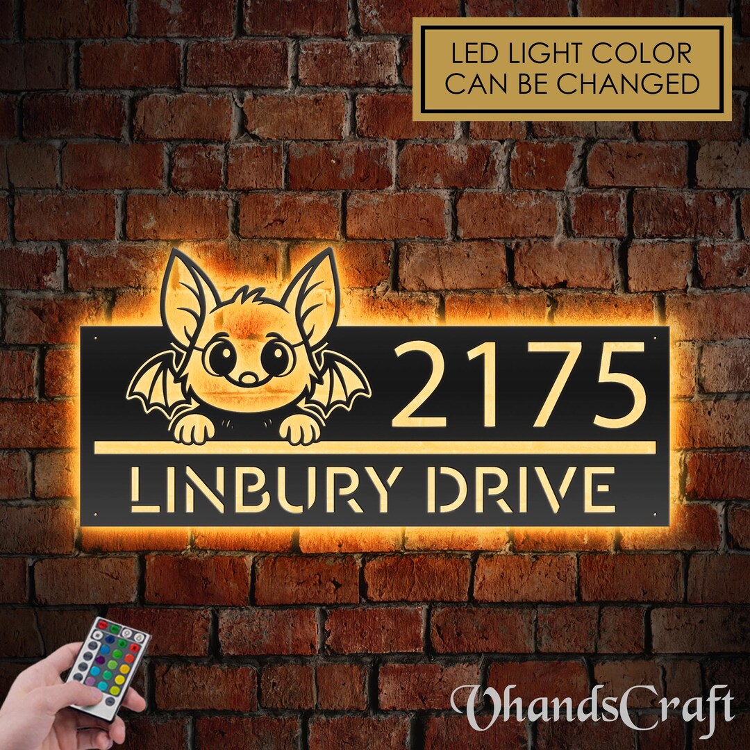 Personalized Cute Peeking Little Bat Metal Address Sign With LED Lights ...