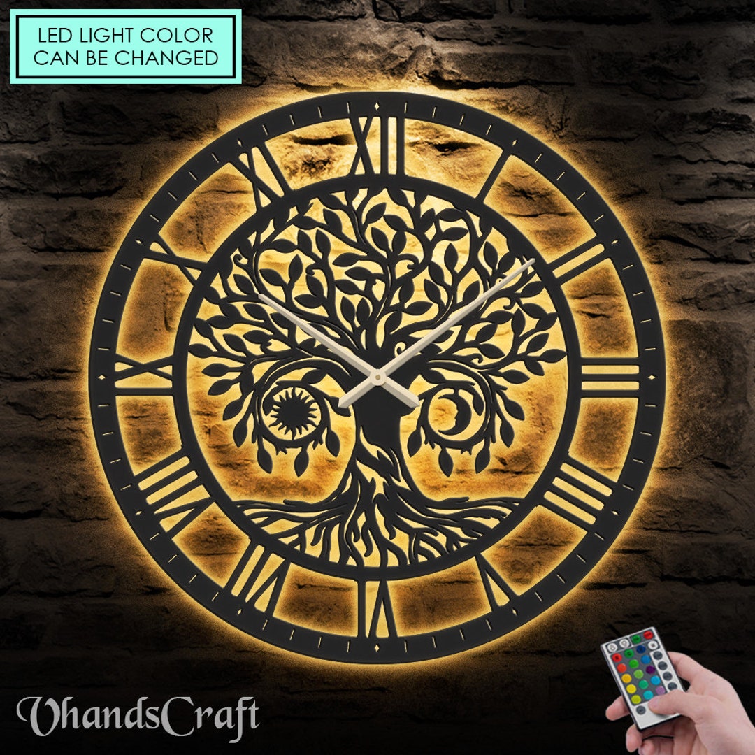 Black Large Tree of Life Sun and Moon Metal Wall Clock LED Lights ...