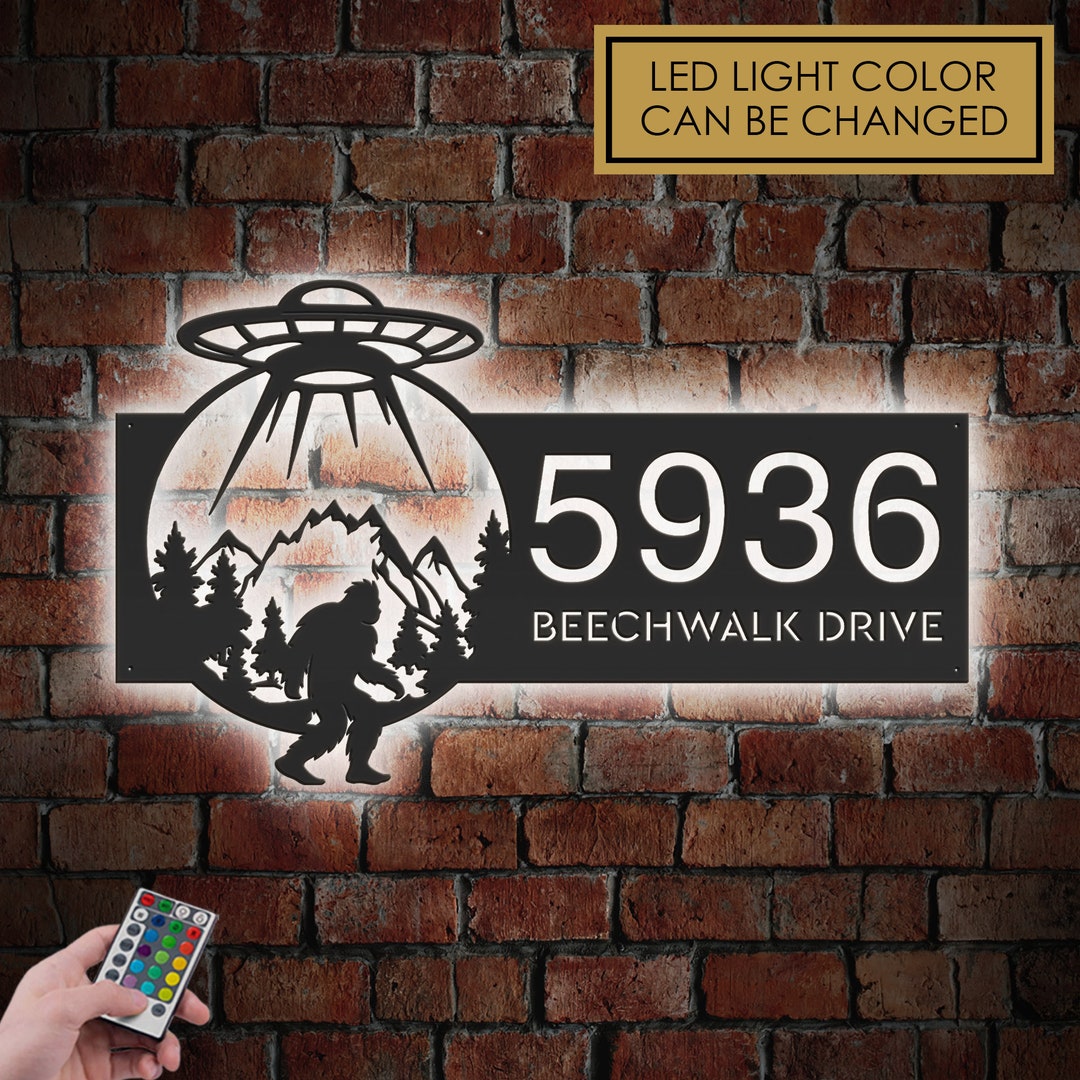 Personalized Alien UFO Bigfoot Sasquatch Metal Address Sign With LED ...