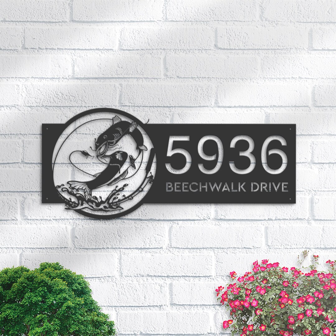 Personalized Catfish Fishing Rod Bait Metal Address Sign House Number ...