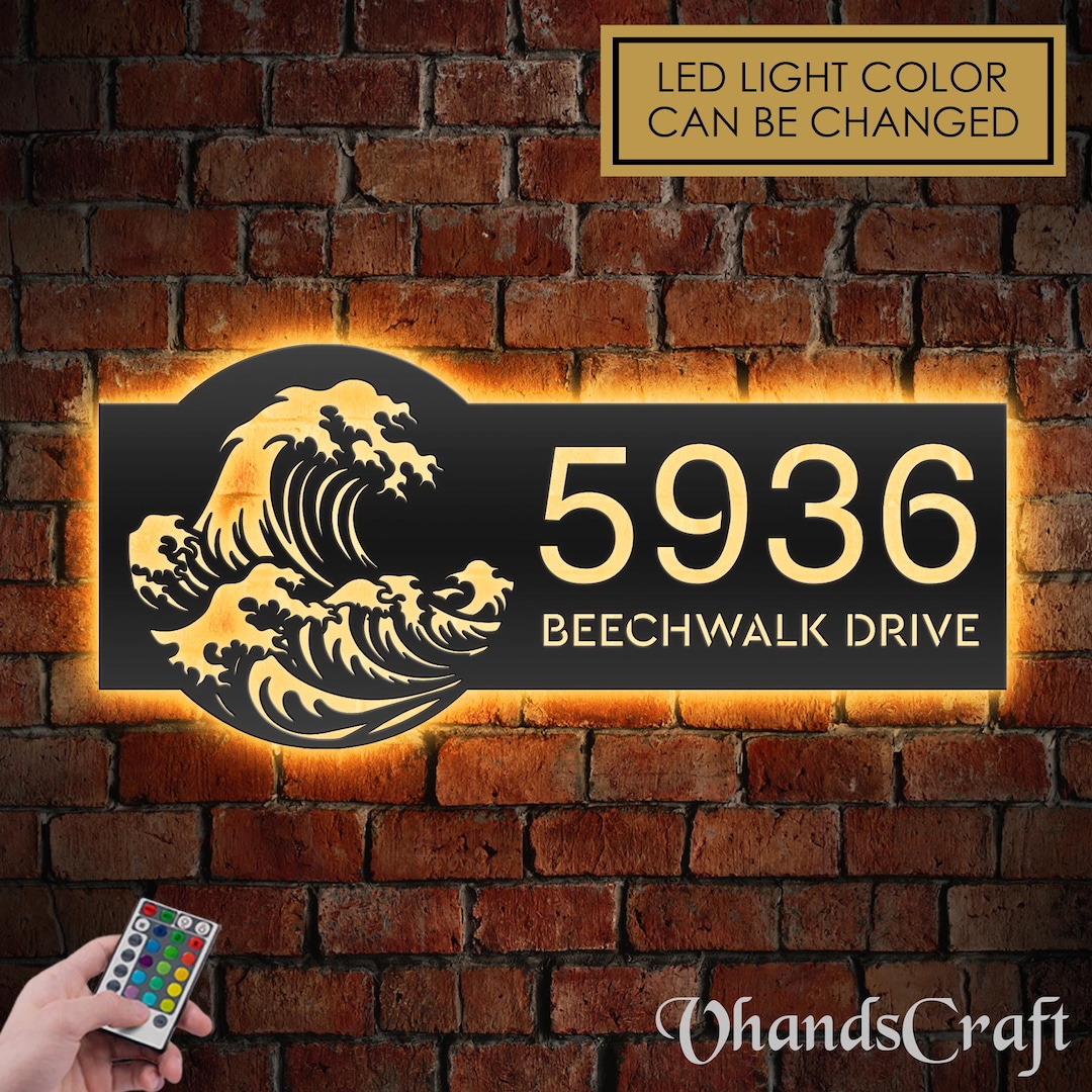 Personalized Wave Metal Address Sign With LED Lights House Number ...