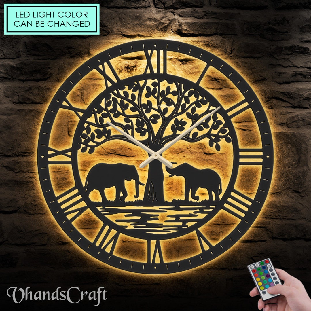 Black Large Leafy Tree and Couple Elephants Metal Wall Clock LED Lights, Modern Wall Clock, Home ...