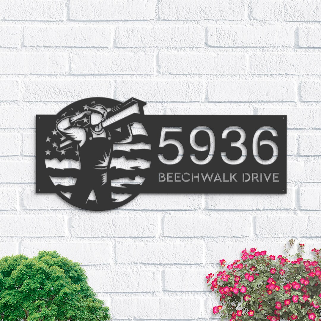 Personalized Construction Worker US Flag Metal Address Sign House ...