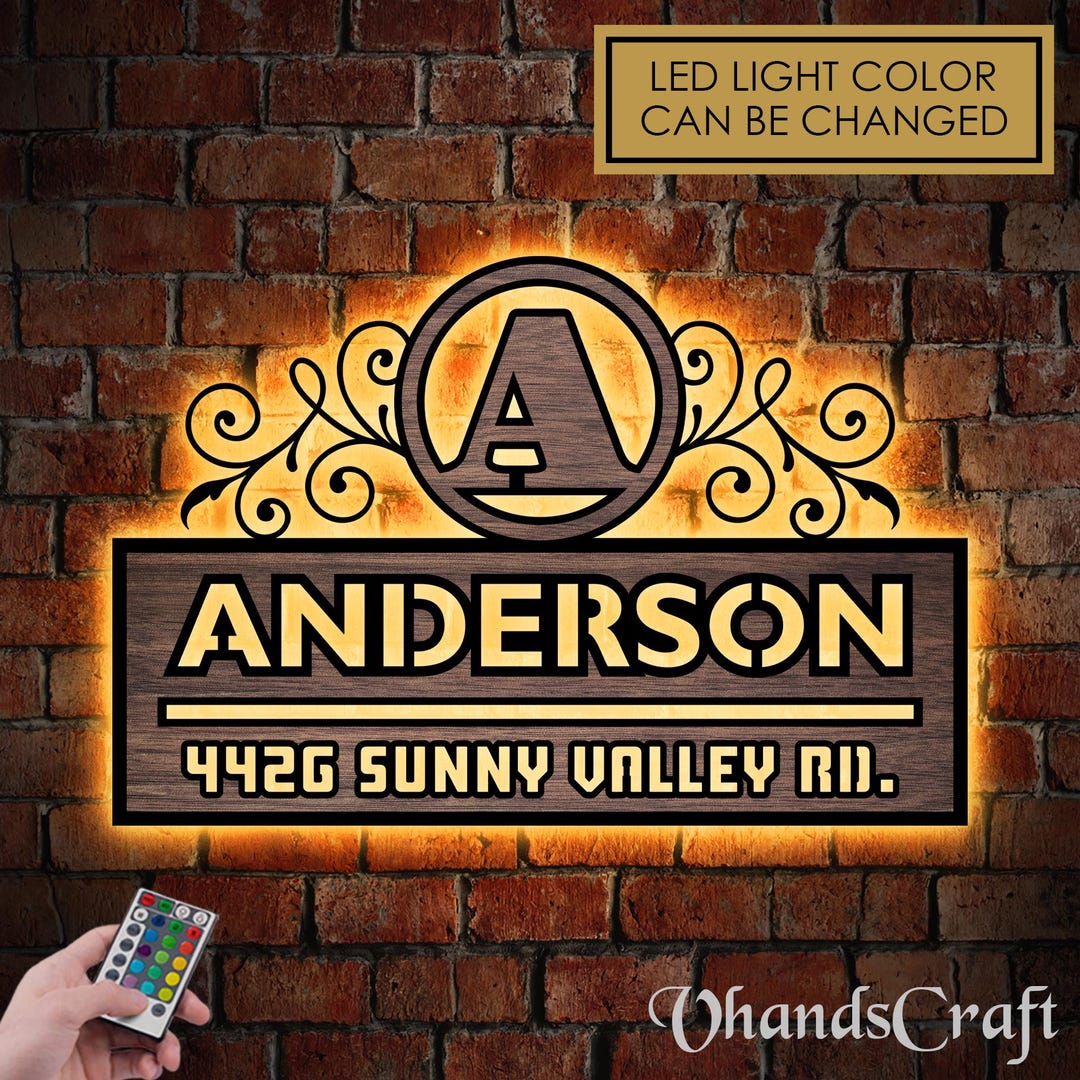 Custom Monogram Family Name Address Sign, Wooden Plaque With LED Lights ...