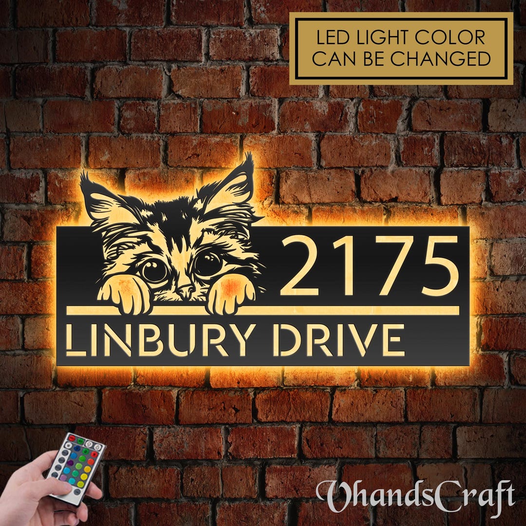 Personalized Cat Address Sign With LED Lights, Metal House Number ...