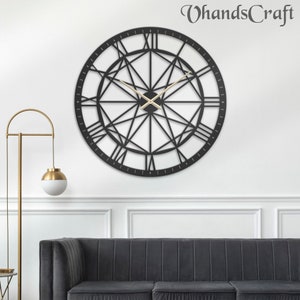Black Large Roman Numbers Metal Wall Clock LED Lights, Modern Wall ...