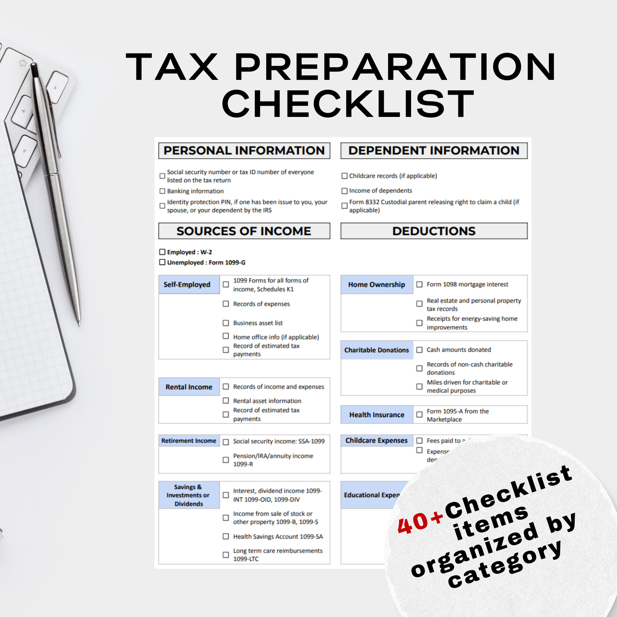 Tax Prep Checklist Personal Tax Return Tax Organizer Income Tax ...