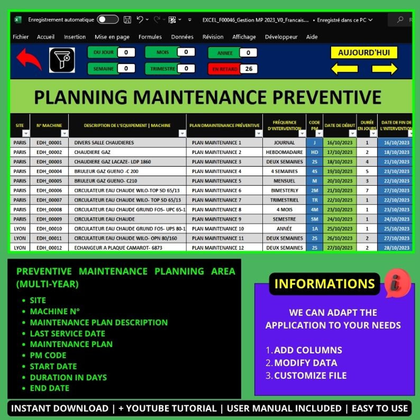 Preventive Maintenance Planning in Excel | Preventive Maintenance Excel | Preventative ...