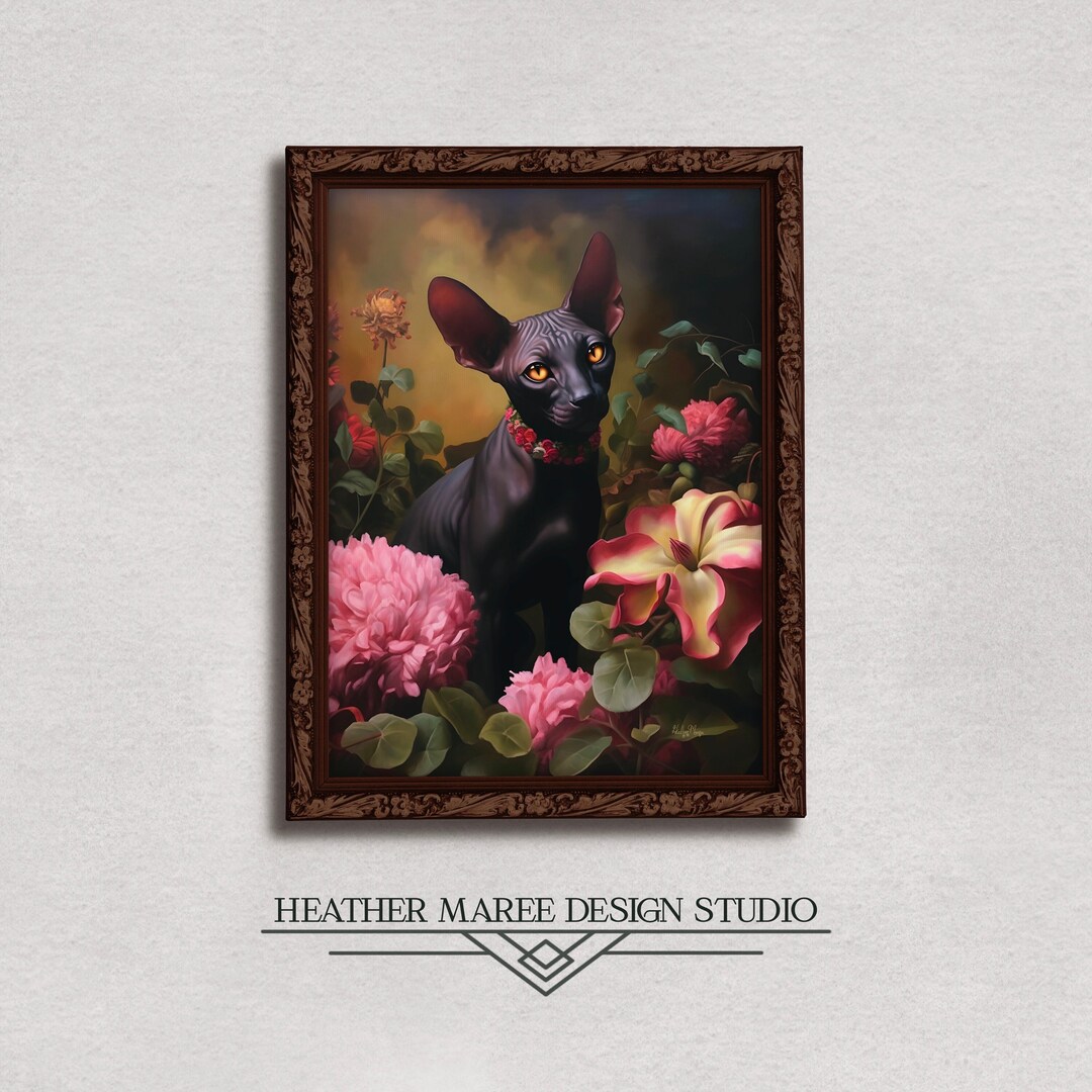 Sphynx Cat Print | Black Cat Fine Art Prints, Cat Lover Gift, Flower ...
