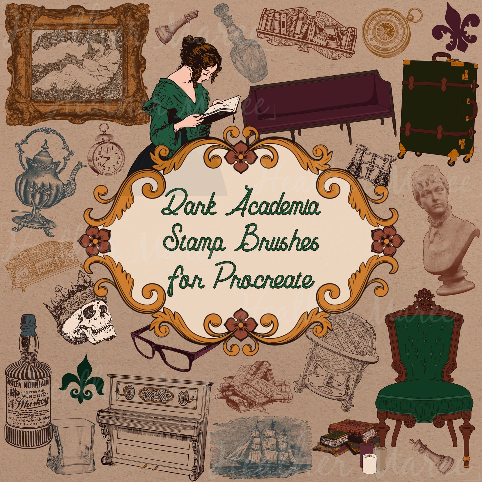 Dark Academia Stamps for Procreate | Book Brushes, Furniture Stamp ...