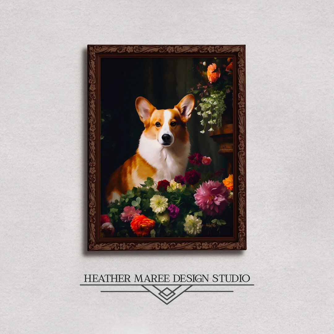 Corgi Portrait Botanical Fine Art Prints, French Country Chic ...
