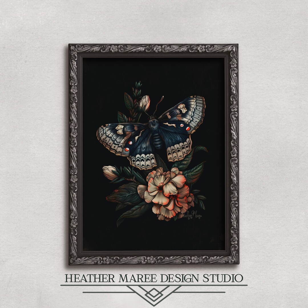 Blue Moth With Flowers Cottage Core Fine Art Prints, Bohemian Decor ...