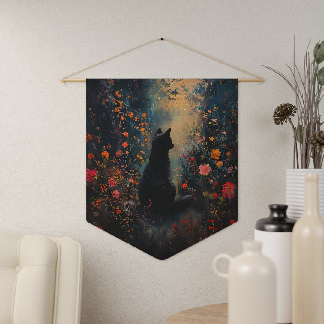 Mystic Meadow Cat | Dark Bohemian Hanging Pennant, Cottage Core Banner ...