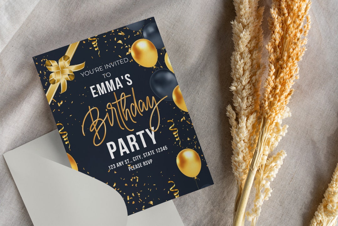 Birthday Party Invitation, Custom Birthday Card, Digital Black and Gold ...