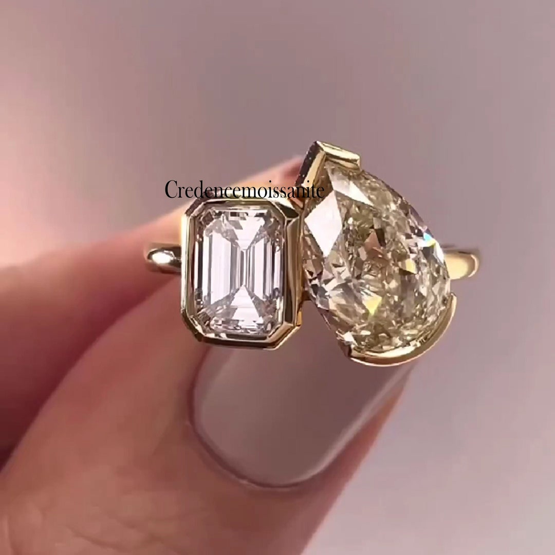 Two Stone Moissanite Engagement Ring Bezel Set Toi Et Moi Ring 2.00 CTW ...