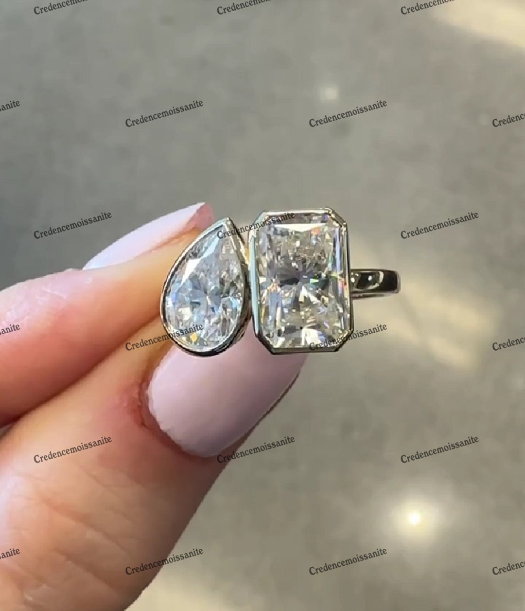 Two Stone Engagement Ring Bezel Set Moissanite Ring 4.50 CTW Pear ...