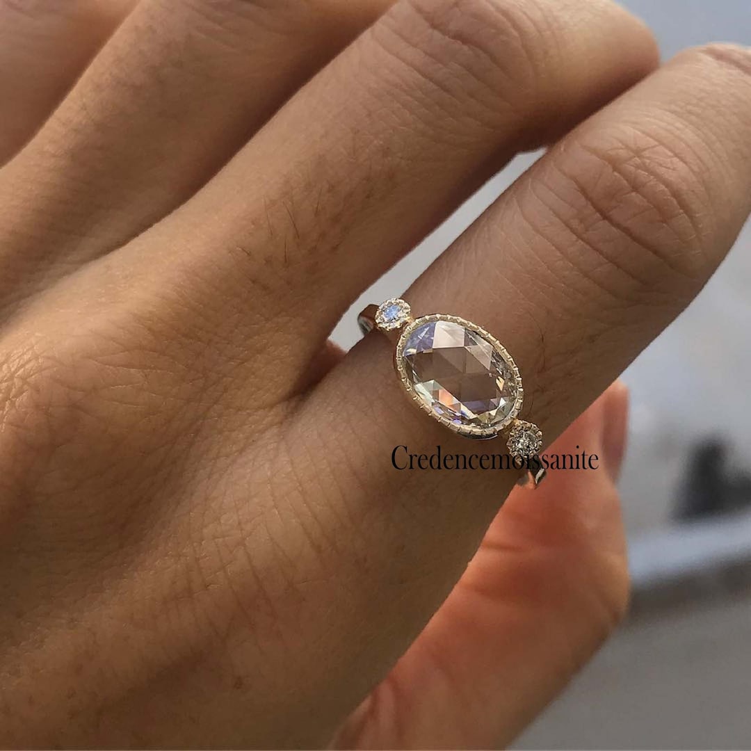 Rose Cut Moissanite Ring Bezel Set Moissanite Ring Three Stone Wedding Ring 2.00 CTW Oval Rose ...