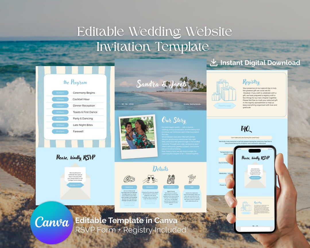 Beach Wedding Website Template | Editable Canva Wedding Invitation ...