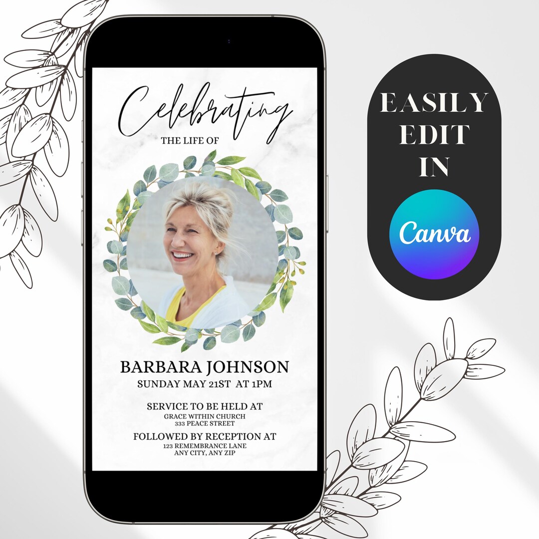 Celebration of Life Invitation, Digital Funeral Announcement, Memorial ...