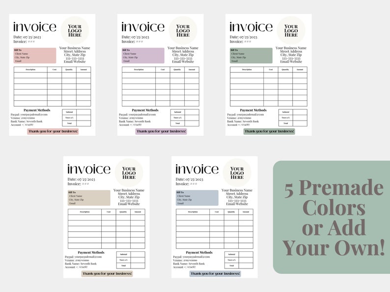 Editable Invoice Template, 5 Premade Colors, Printable Order Form ...
