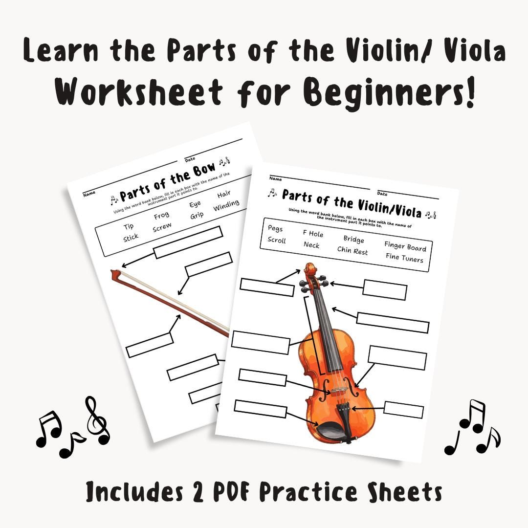 MUSIC WORKSHEET: Parts of the Violin/viola and Bow (printable PDF) for ...