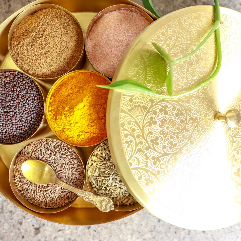 Brass Masala Spice Box: Traditional Indian Design With Etched Lid - Etsy