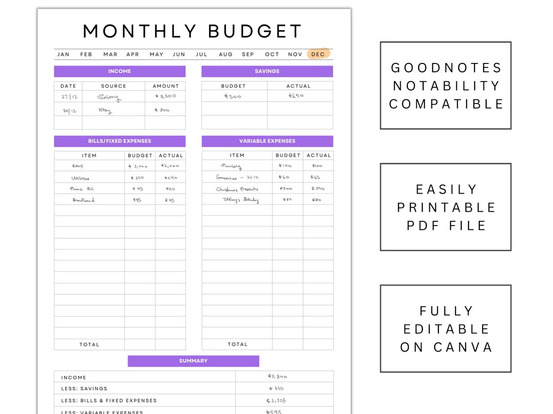 Monthly Budget Overview Planner Printable Template/budget - Etsy