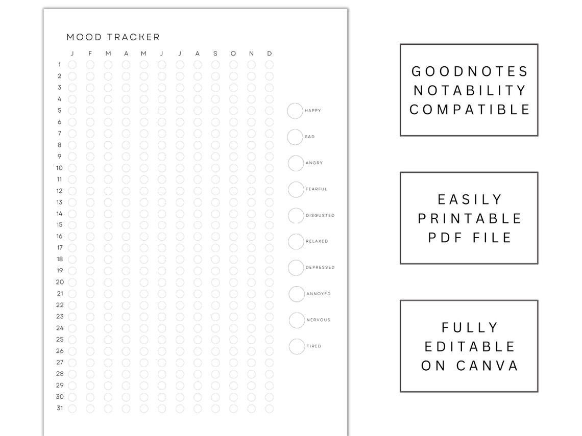 Daily Mood Tracker Printable, Minimalistic Monthly & Yearly Mood ...