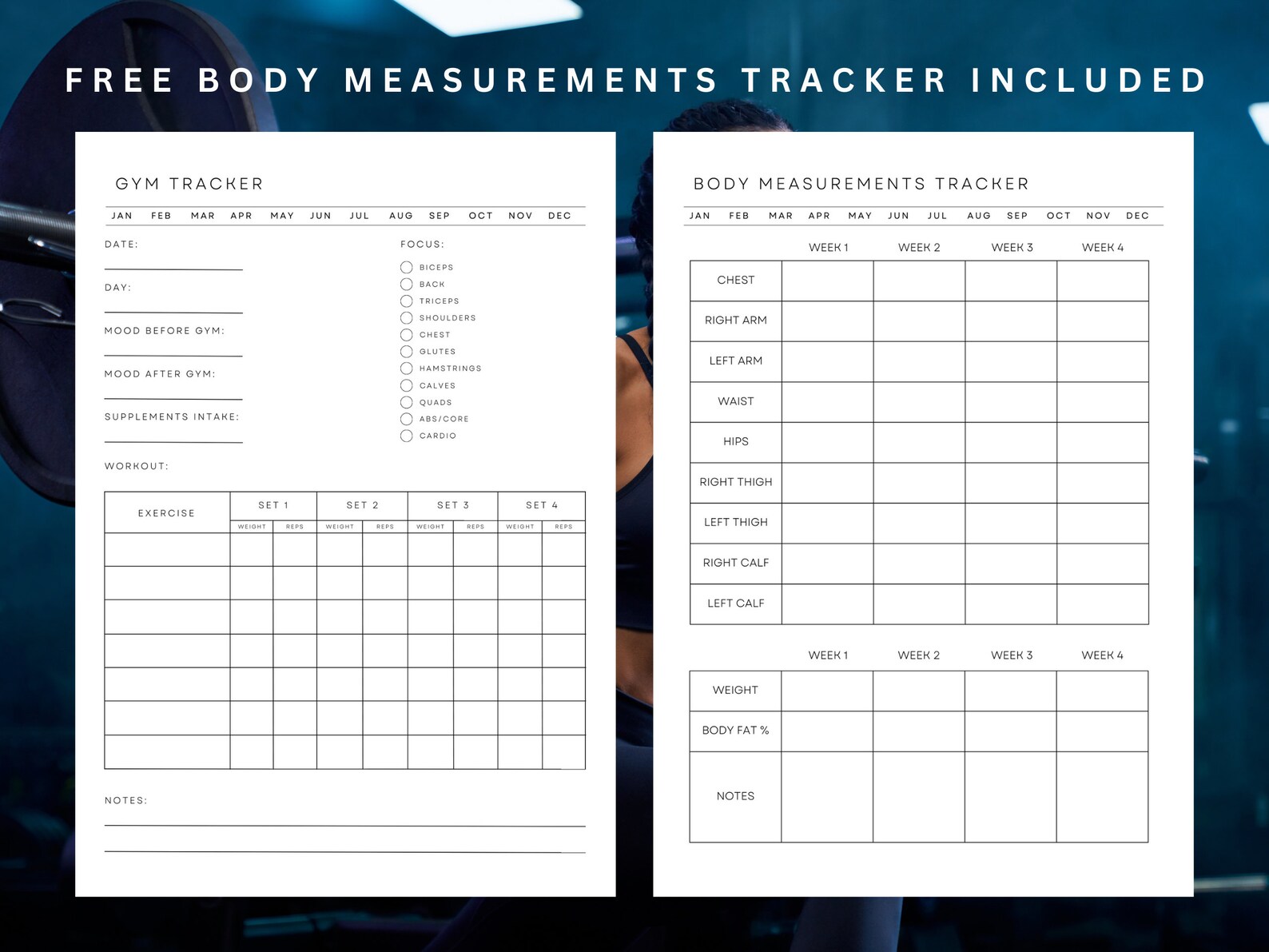 Daily Gym Fitness Tracker + FREE Body Measurements Tracker/monthly ...