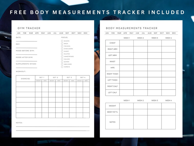 Daily Gym Fitness Tracker + FREE Body Measurements Tracker/monthly ...