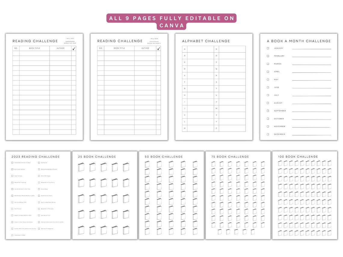 Reading Challenge Printable Bundle, 100 Book Tracker (canva Editable ...