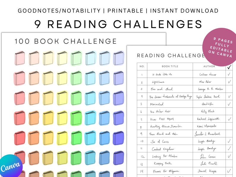 9 Reading Challenge Printables/book Reading Goal Tracker/100 Books ...