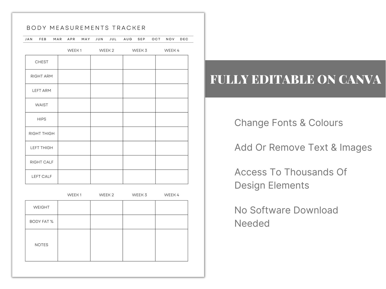 Weekly Body Measurements Tracker Printable/health & Fitness Journal ...