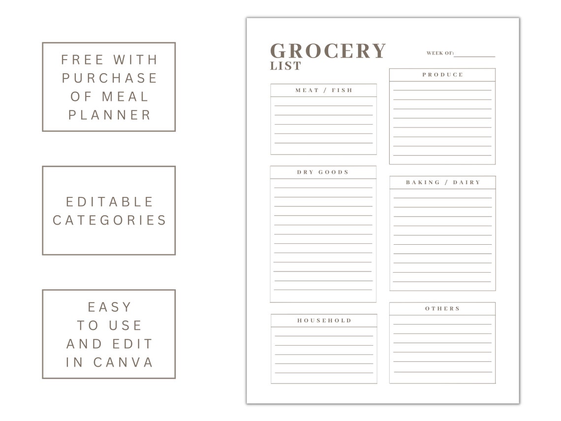 Weekly Meal Planner Minimalist FREE Groceries List Digital - Etsy