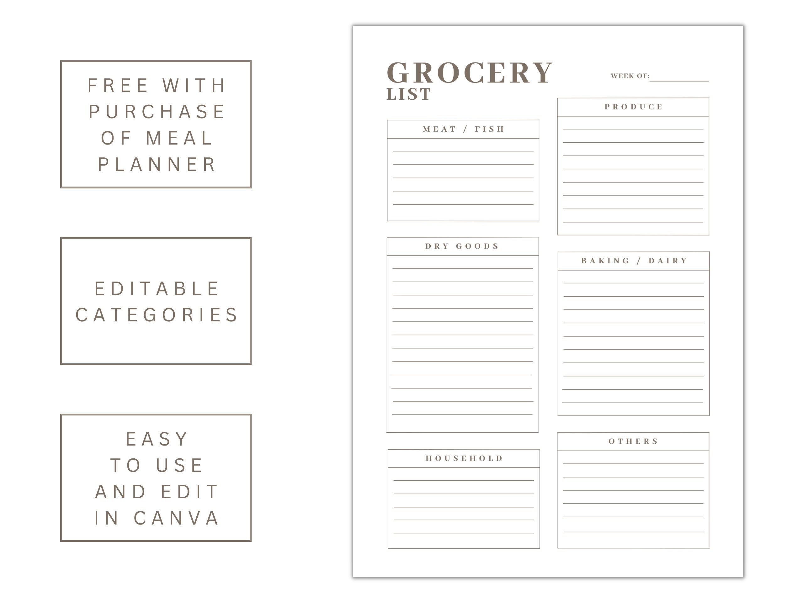 Weekly Meal Planner Minimalist FREE Groceries List, Digital Meal ...