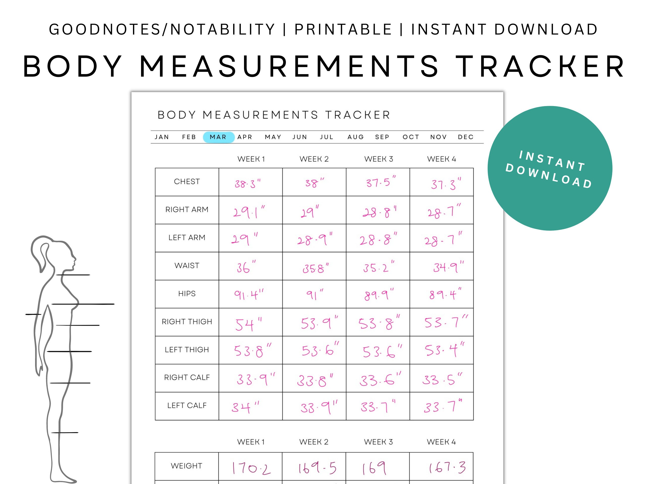 Weekly Body Measurements Tracker Printable/health & Fitness Journal ...