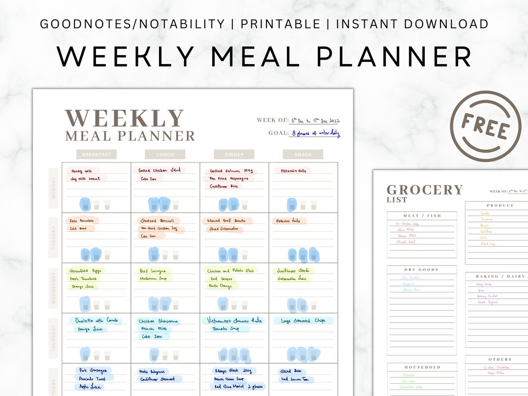 Weekly Meal Planner Minimalist FREE Groceries List, Digital Meal ...