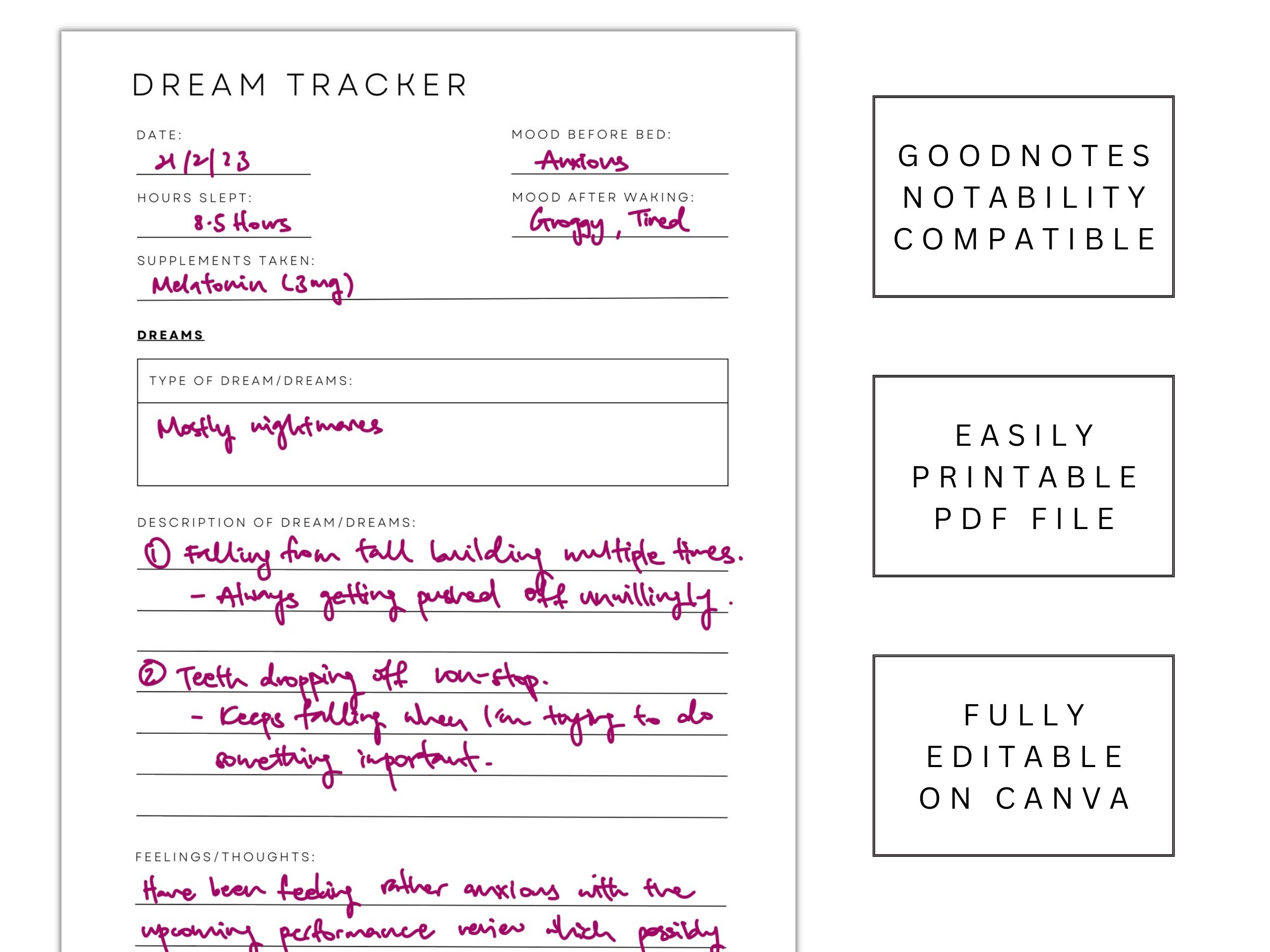 Sleep & Dream Tracker Printable/dream Analysis/sleep Log/dream Diary ...