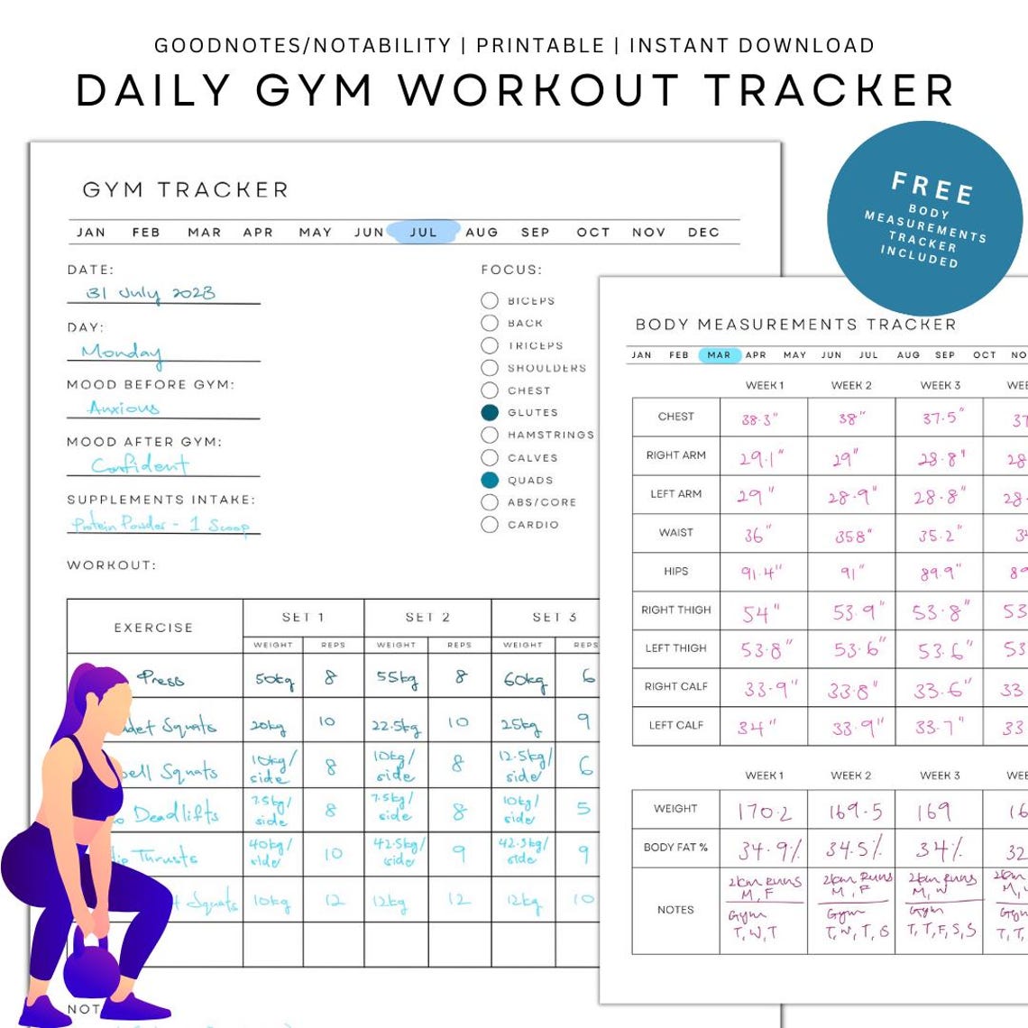 Daily Gym Fitness Tracker + FREE Body Measurements Tracker/monthly ...