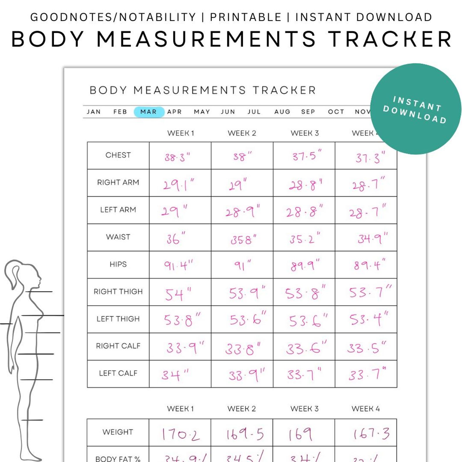 Weekly Body Measurements Tracker Printable/health & Fitness Journal ...